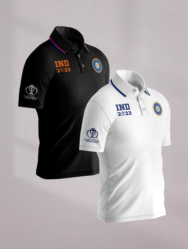 Buy Official ICC CWC-23 Team India Black and White Polo Collar T-Shirt ...