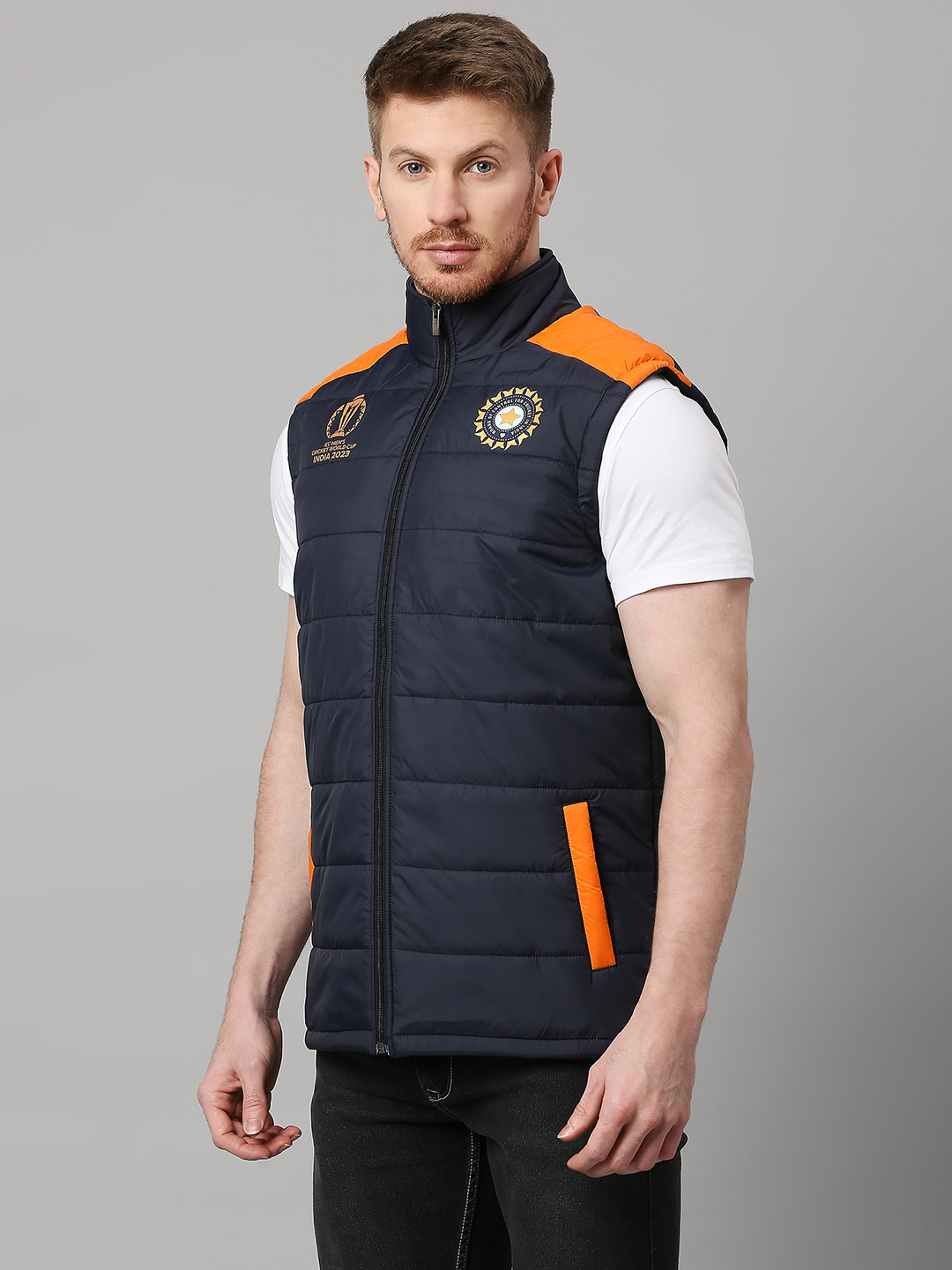 Buy Official ICC CWC-23 Men Navy Blue Colourblocked Sleeveless Standing ...
