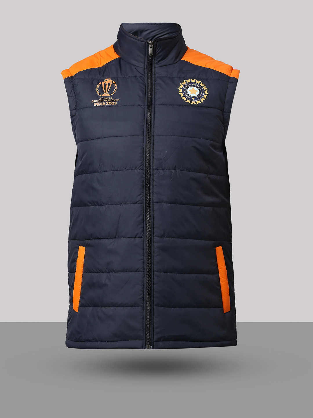 Buy Official ICC CWC-23 Men Navy Blue Colourblocked Sleeveless Standing ...