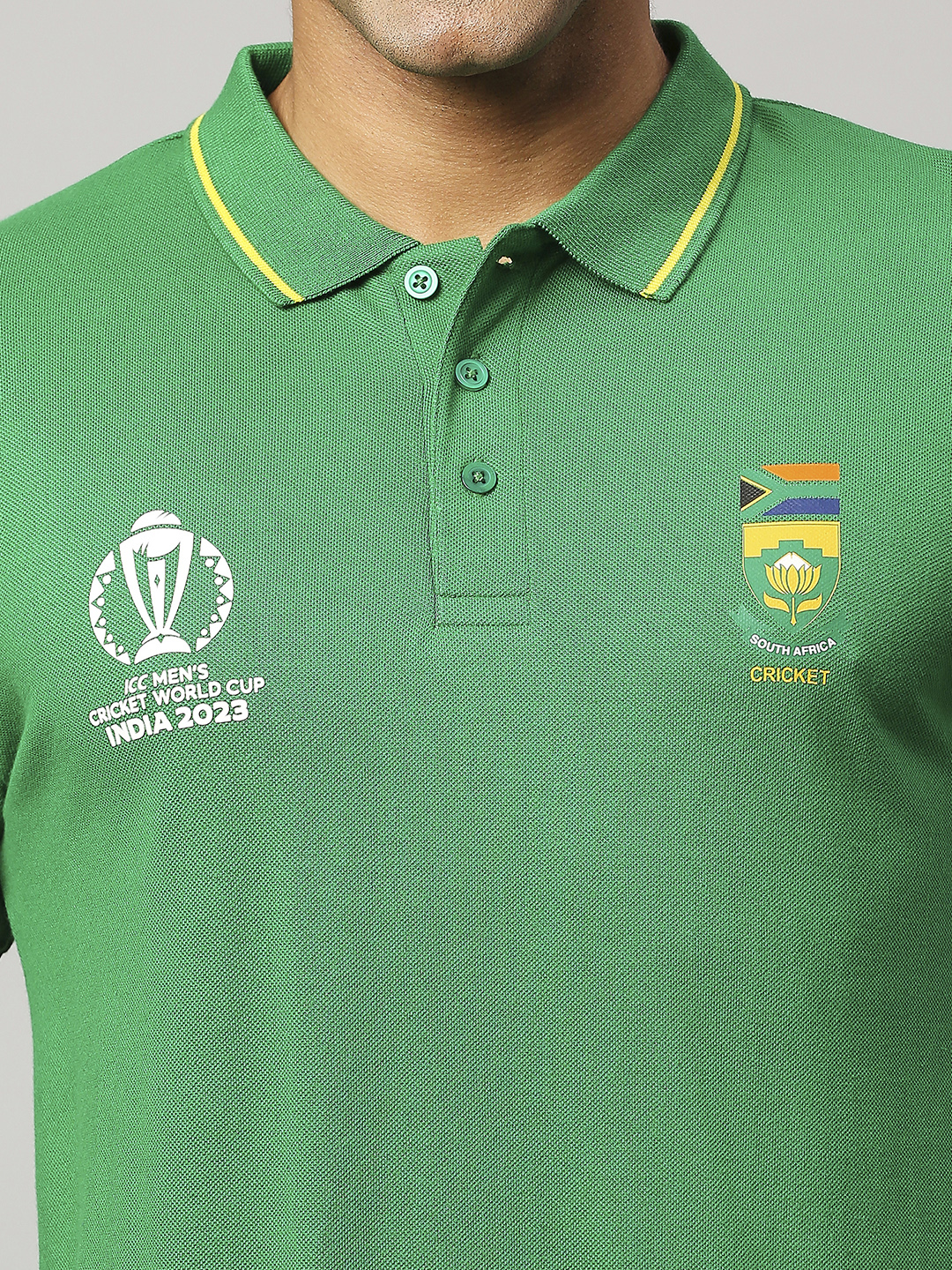 Buy Official ICC CWC-23 Men Green Solid Short Sleeves Polo Collar T ...