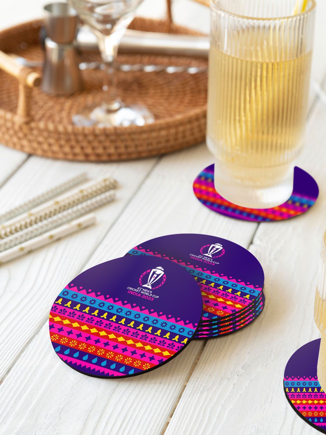 Buy Official ICC CWC-23 Circle Coasters-(Pack of 4) from FanCode Shop. Buy Official ICC CWC-23 Circle Coasters-(Pack of 4) from FanCode Shop.