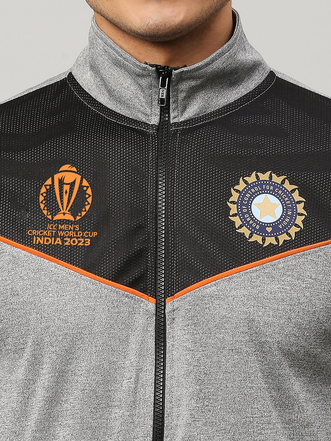 Buy Official ICC CWC-23 Men Grey and Black Colourblocked Long Sleeves ...