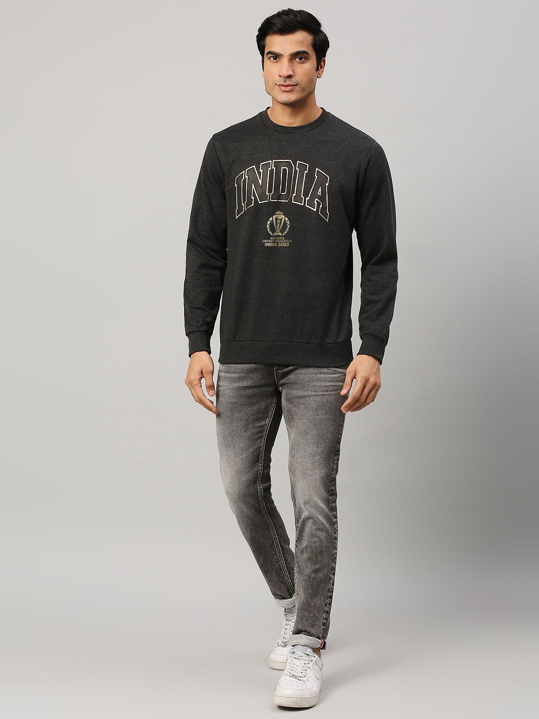 Buy Official ICC CWC-23 Men Anthra Melange Solid Long Sleeves Round ...