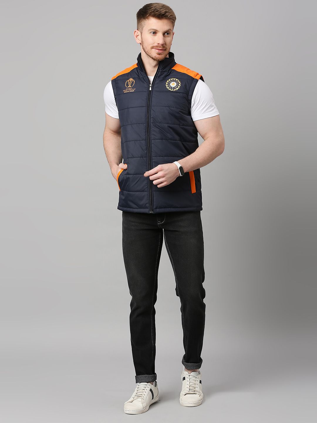 Buy Official ICC CWC-23 Men Navy Blue Colourblocked Sleeveless Standing ...