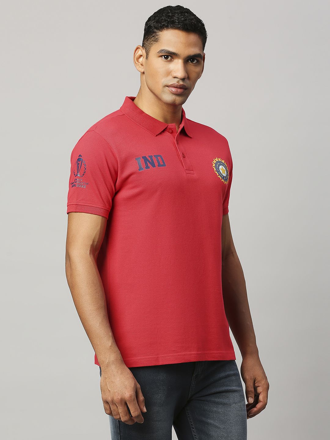 Buy Official ICC CWC-23 Men Red Solid Short Sleeves Polo Collar T-Shirt ...