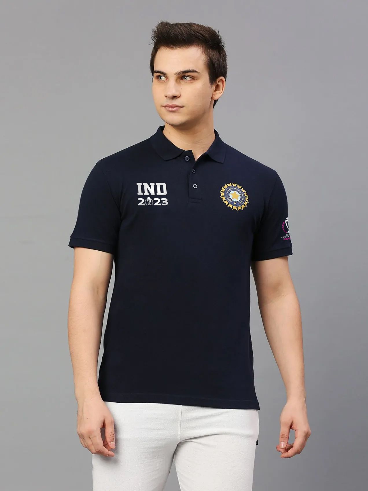 Buy Official ICC CWC-23 Men Navy Blue Solid Short Sleeves Polo Collar T ...