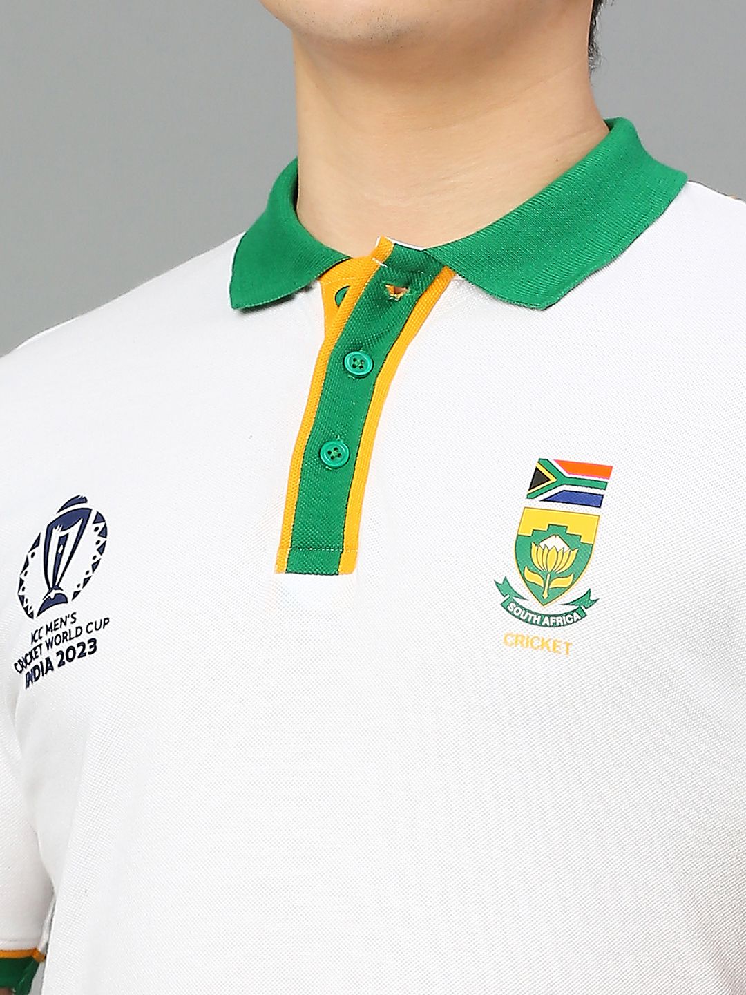 Buy Official ICC CWC-23 Men White Solid Short Sleeves Polo Collar T ...