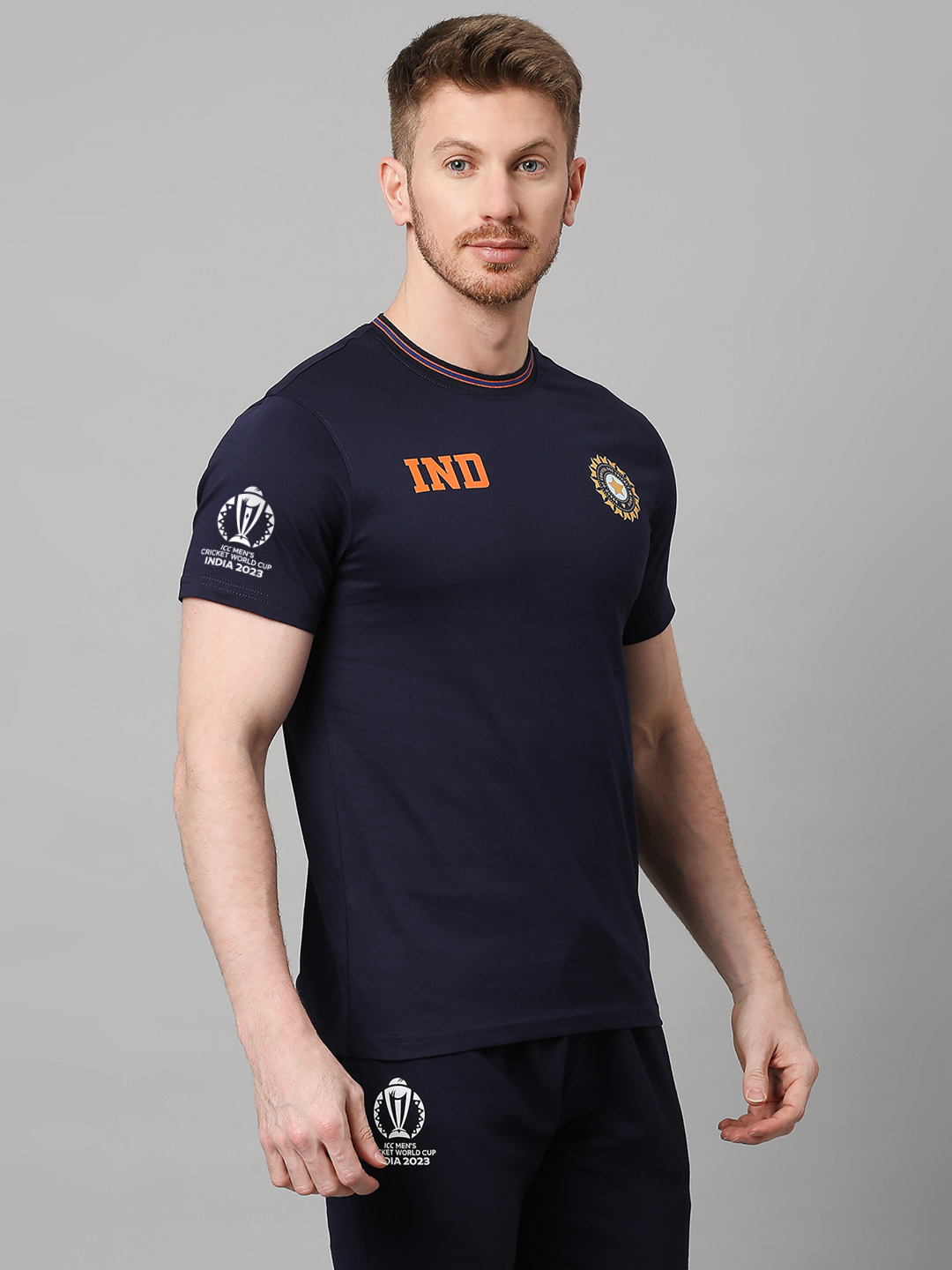 Buy Official ICC CWC-23 Men Navy Blue Solid Short Sleeves Round Neck T ...