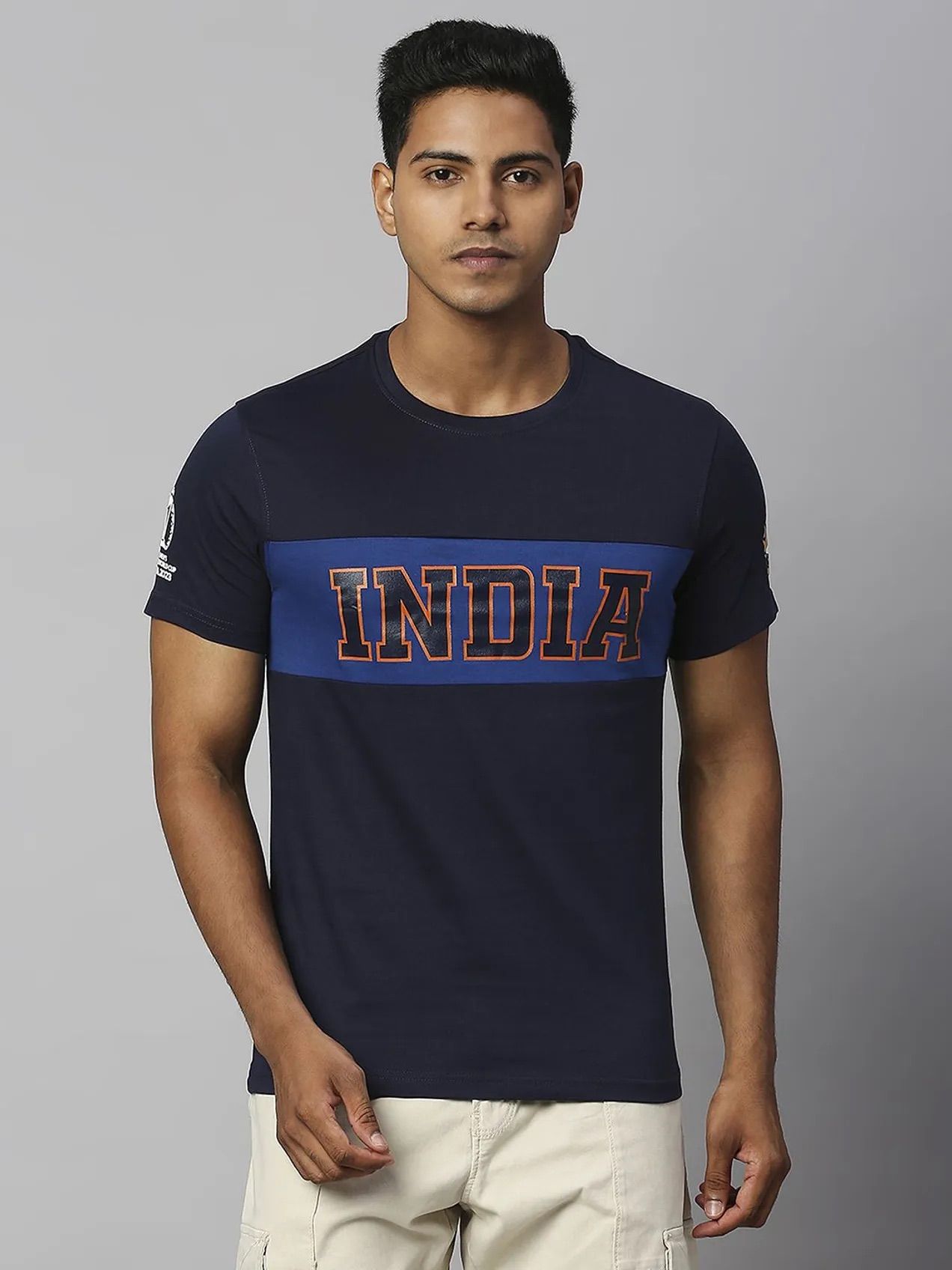 Buy Official ICC CWC-23 Team India Grey and Navy Blue Round Neck T ...