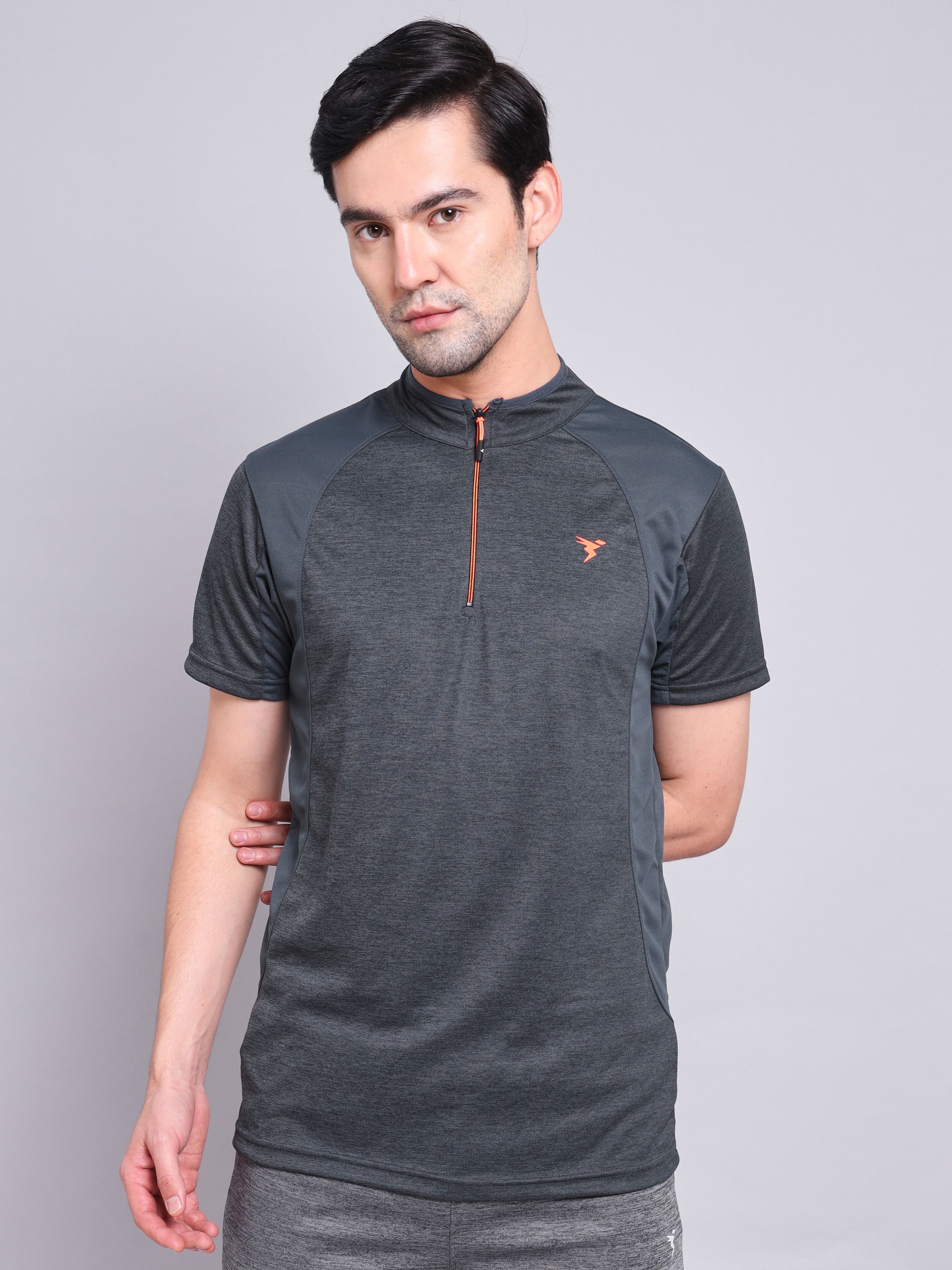 Buy Men Dark Carbon Melange T-Neck Half Sleeves T-Shirts From Fancode Shop.