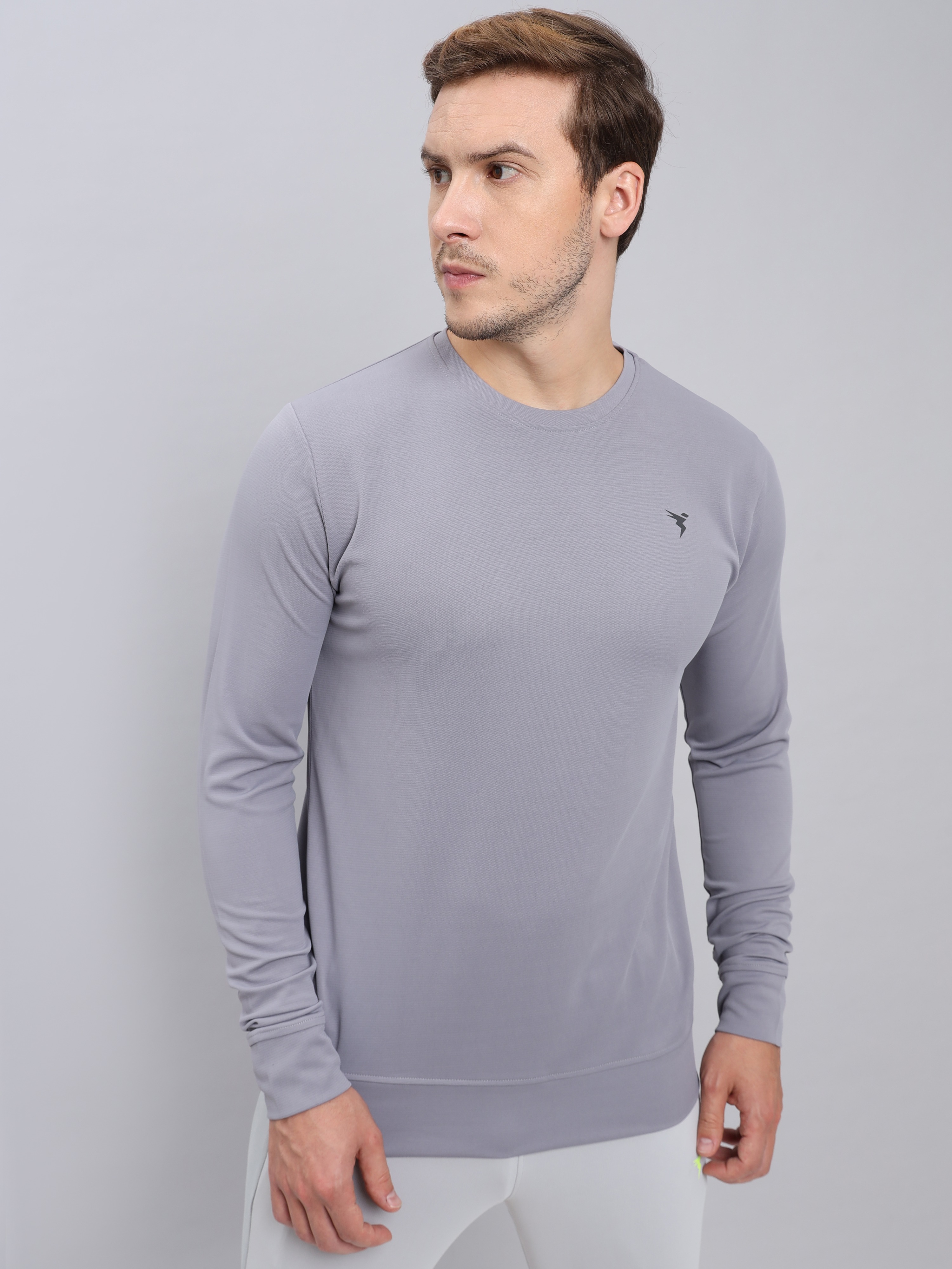 Buy Men Light Grey Solid Crewneck Long Sleeves Round Neck Sweatshirt ...
