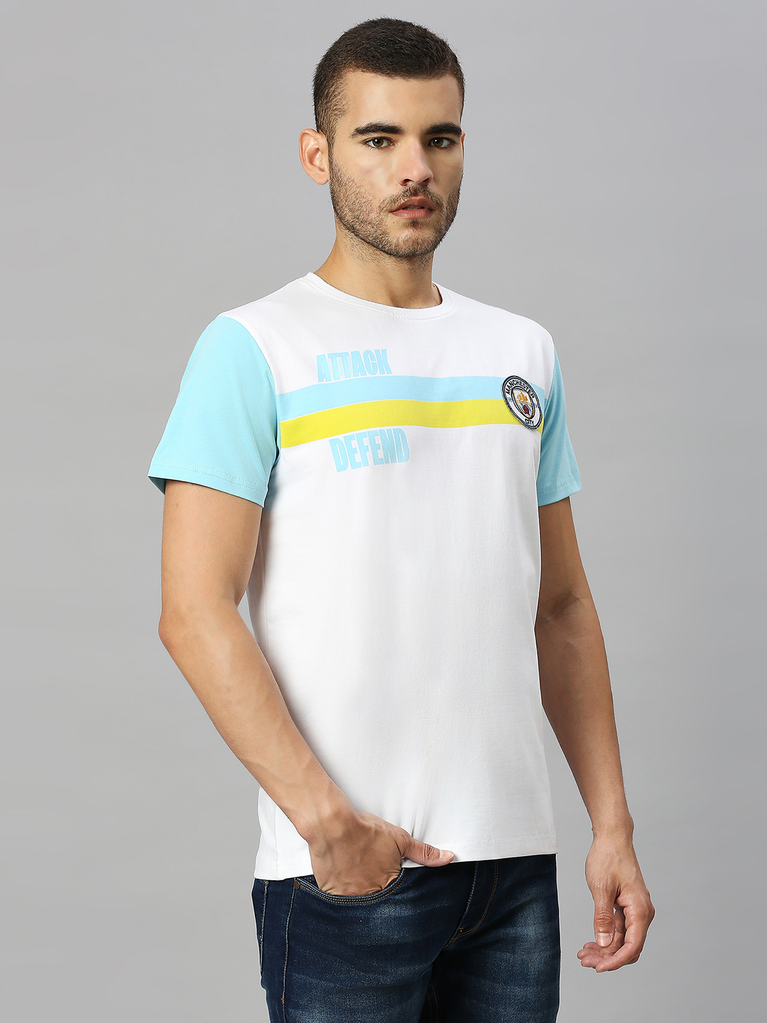 Buy Men White and Blue Graphic Printed Half Sleeves Round Neck T-Shirt ...