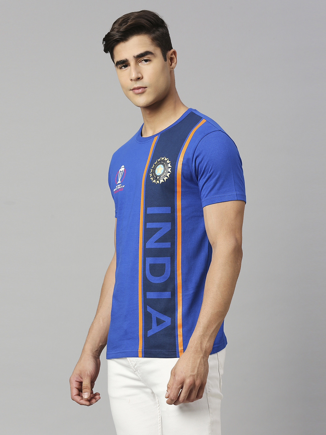 Buy Official ICC CWC-23 Men Blue and Orange Striped Cotton Round Neck T ...