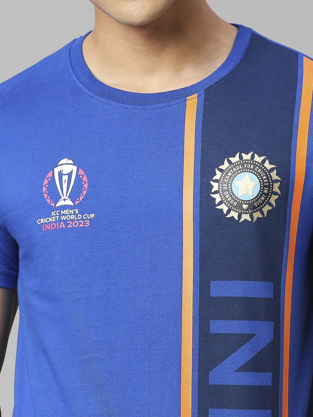 Buy Official ICC CWC-23 Men Blue and Orange Striped Cotton Round Neck T ...