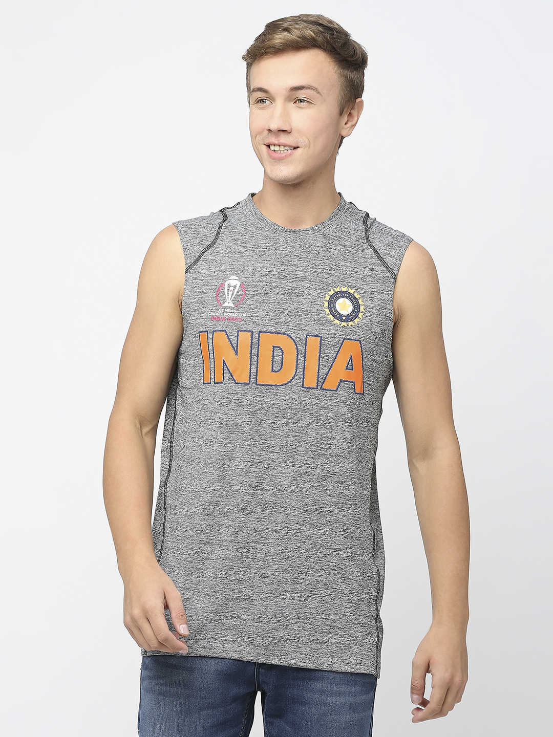 Buy Official ICC CWC-23 Men Grey Printed Round Neck: Customised With ...